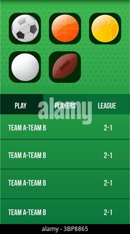 Sports app interface displaying green flat UI with nav tabs, cheering ...