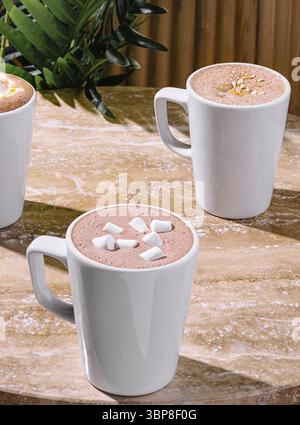 Cups of tasty hot chocolate with marshmallow on wooden background ...