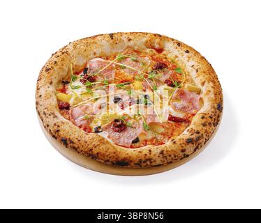 Freshly baked homemade pizza topped with sliced tomatoes, onions, and ...