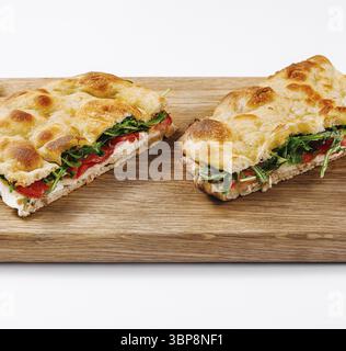 Food, Sliced italian panini with vegetables and cheese on a cutting ...