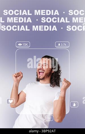 Influencer celebrating social media engagement with smartphone in hand ...