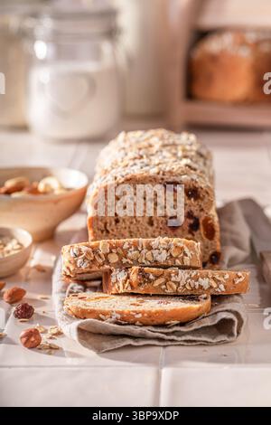 Homemade delicacies bread with bran, raisins and nuts. Bread with ...