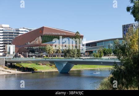 The Riverbank Precinct Bridge over the Torrens river with the Adelaide ...