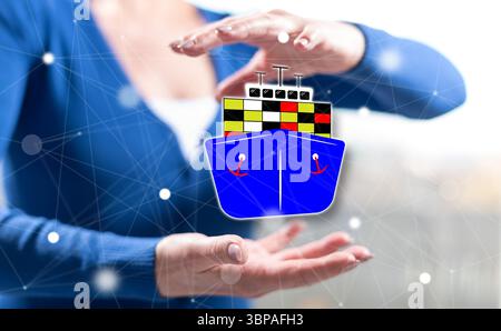 Maritime transportation concept between hands of a woman in background ...