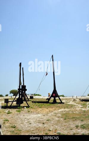 Medieval war machine used to throw stone blocks at the enemy exposed at ...