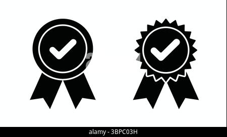 Two black and white rosette icons with check marks indicating approval and quality assurance ...