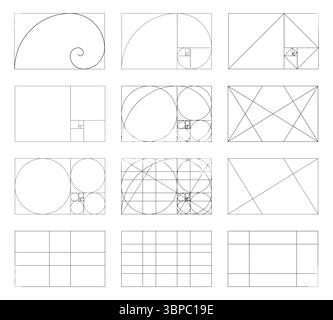 Golden ratio template set. Method golden section. Fibonacci array, numbers. Harmony proportions ...