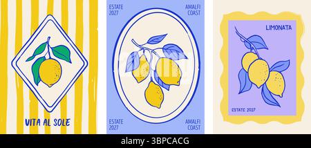Vintage summer designs with lemon illustrations and seamless patterns ...