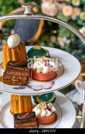 Afternoon tea cakes at the Dalloway Terrace, Bloomsbury Hotel, London ...