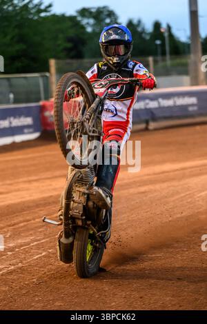 Belle Vue Aces' Zach Cook in Blue rides outside Leicester Lions' Ryan ...
