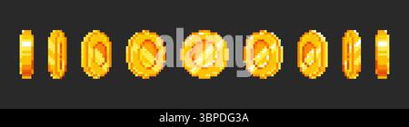 Pixel art coin animation. Spinning money, golden scent circle, oval and ...