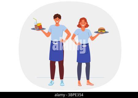 Happy waiters from fast food restaurant work together to deliver ...