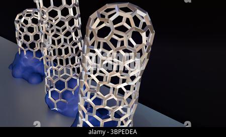 A 3D rendering showing carbon nanotubes growing from catalyst particles ...