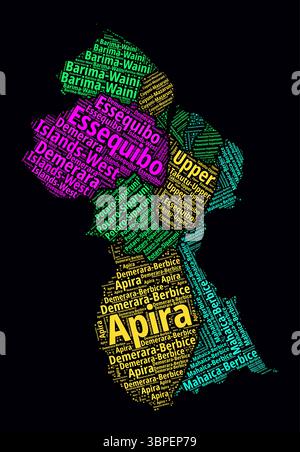 Guyana regions map word cloud. Guyana region names. Black and white map ...
