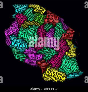Tanzania regions map word cloud. Tanzania region names. Black and white ...