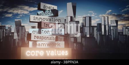 Core values concept - block shapes and skyscrapers - 3D illustration ...