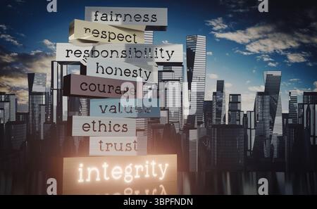 Integrity concept - block shapes and skyscrapers - 3D illustration ...