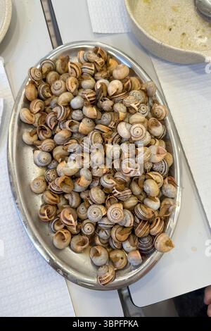 Traditional Portuguese dish of cooked snails and toasted bread and beer ...