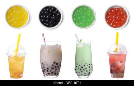 Bubble tea of different flavors and tapioca pearls on white background ...