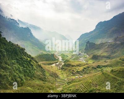 Ha Giang aerial landscape in Northern Vietnam. drone aerial view of Ha ...