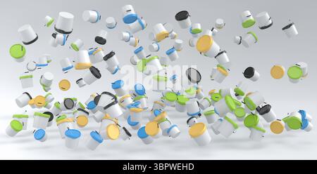 Many of flying plastic cans or buckets with paint roller, brush on ...