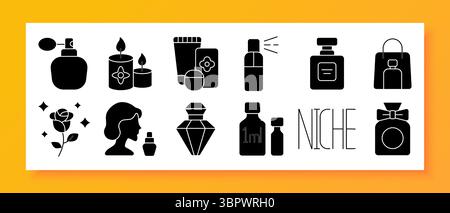 Perfumery set icon. Shows shopping bag, spray bottle, rose scent ...