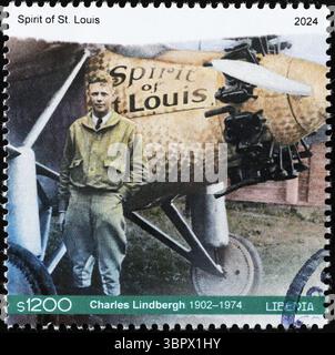 Portrait of Lindbergh and the Spirit of Saint Louis on postage stamp ...
