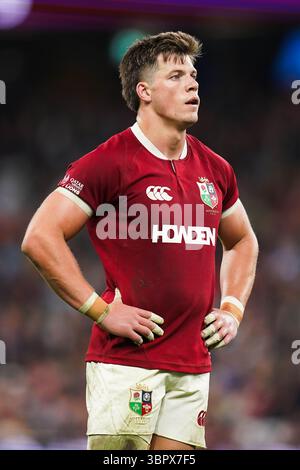 Huw Jones of the British & Irish Lions is tackled by Australia's Len ...