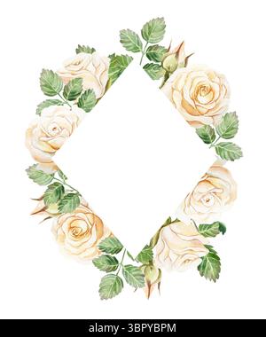 Watercolor floral frame in diamond shape with compositions of pink ...