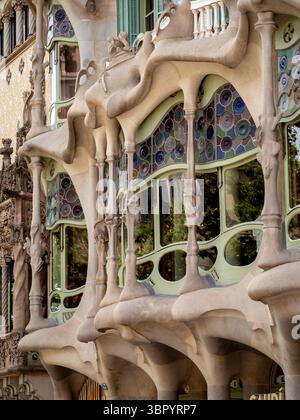 Detail of the bone-like columns and stained glass windows on the ground ...