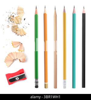 Different graphite pencils, sharpener and shavings isolated on white ...