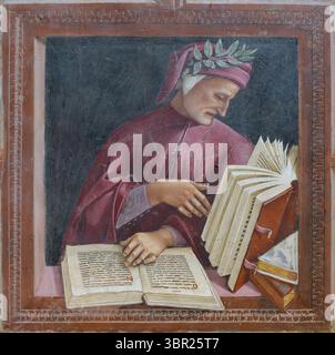 Fresco of Dante Alighieri with laurel wreath, reading a book, in Chapel ...