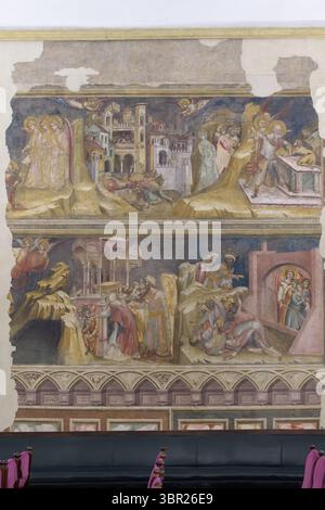 Fresco by Guariento depicting biblical scenes: Abraham and three angels ...