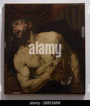A dramatic scene depicting a figure in a flowing garment cradling a ...