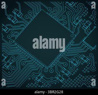 Circuit board with chip drawing close up stylized vector illustration ...