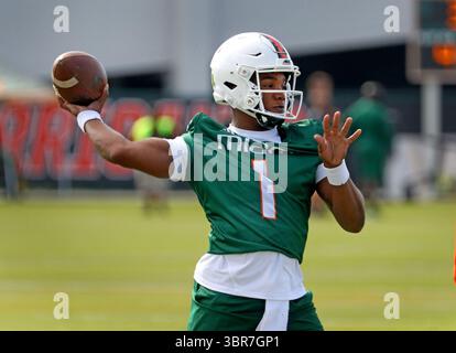 Miami quarterback D'Eriq King throws a pass at the NFL football ...