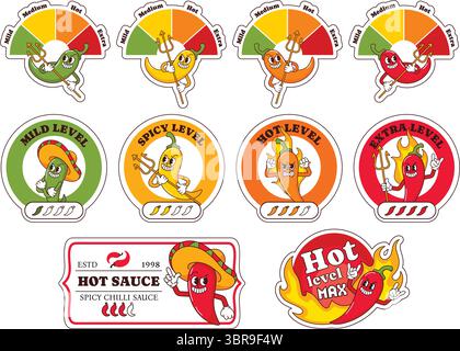 Spicy chili pepper level labels. Vector spicy food mild and extra hot ...