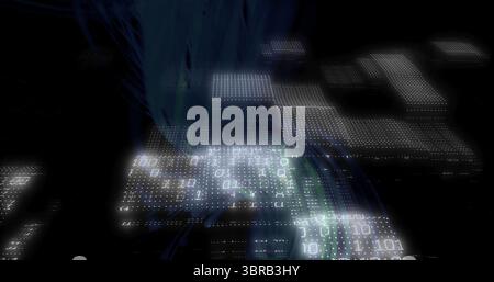 Displaying glowing binary code streams with line graphs in 3D data hub, with numeric overlays ...
