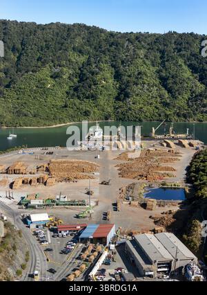 Aerial of logs stacked ready for export Stock Photo - Alamy