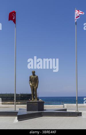 View of a bronze statue stands proudly on a stone plinth between two ...