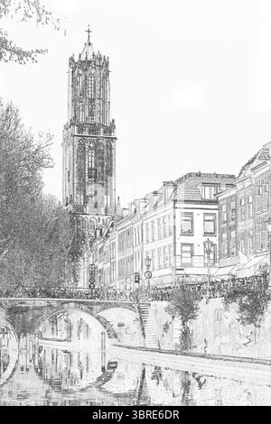 Detailed pen drawing of the Dom Tower in Utrecht, the Netherlands. A ...