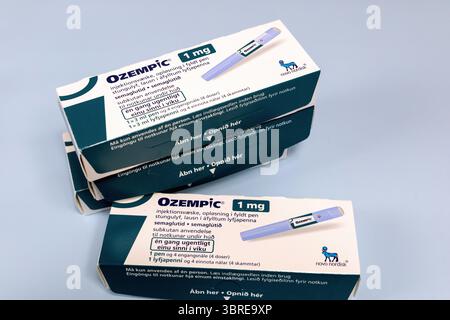 Ozempic boxes with injections for weight loss or diabetes. Copenhagen ...