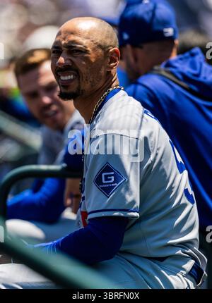 Los Angeles Dodgers shortstop Mookie Betts dives into second for a ...