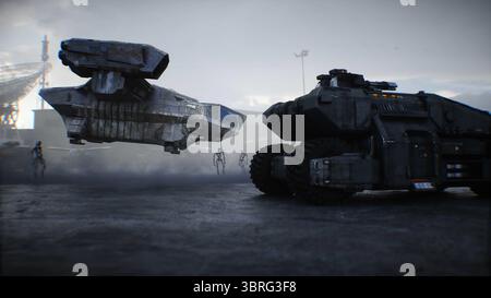 Futuristic military base with robots and aerial ship. 3d rendering ...