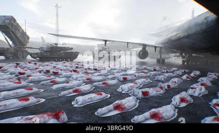 Anti war concept. Corpses covered with sheets. Military base. 3d ...