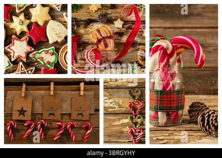 Collage of sweet candy canes and Christmas decorations on color ...