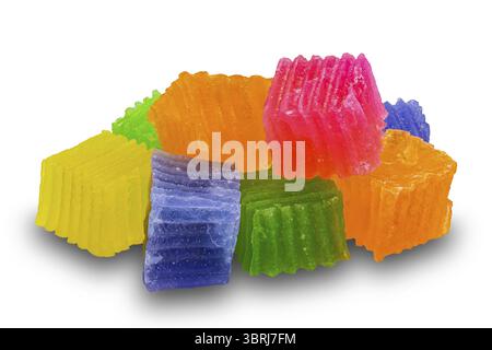 Crispy jelly. Closeup view pile of colorful cube shape crispy jelly ...