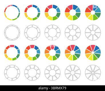 Wheels round divided in eight sections. Donut charts or pies segmented ...
