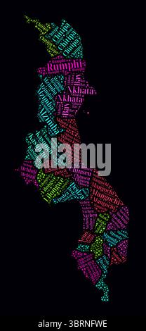 Malawi regions map word cloud. Malawi region names. Black and white map ...