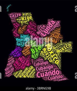 Angola regions map word cloud. Angola region names. Black and white map ...